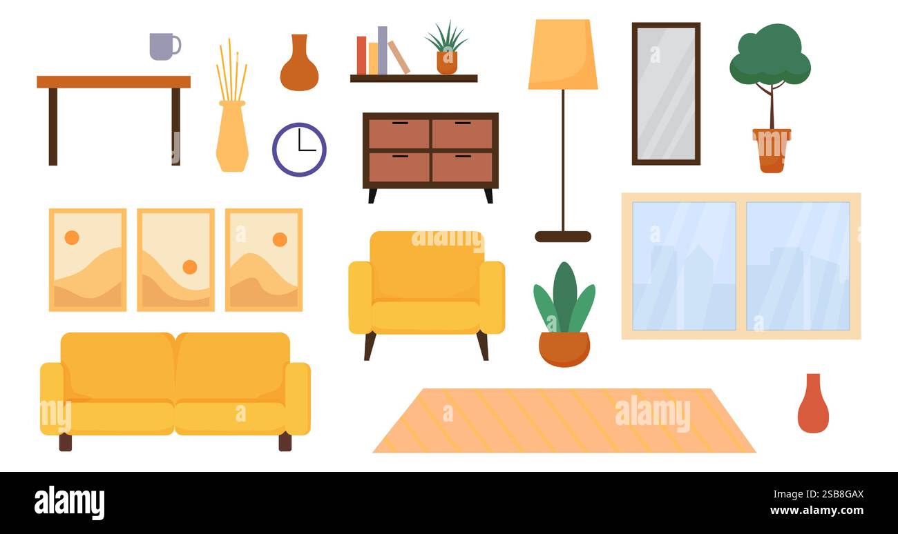 Modern living room interior design with yellow accents and decorative ...