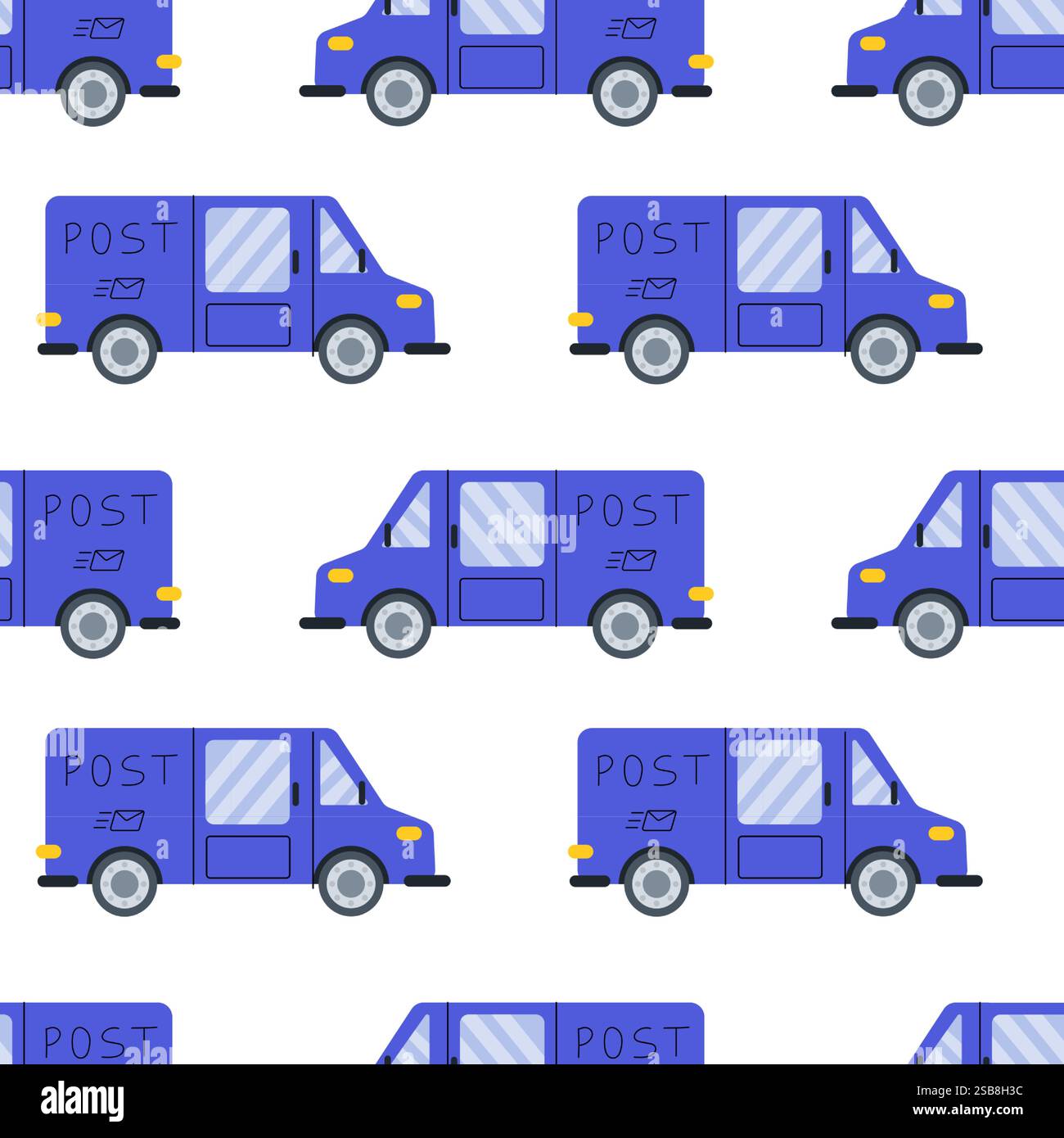 Colorful pattern of blue delivery vans featuring postal design on a ...