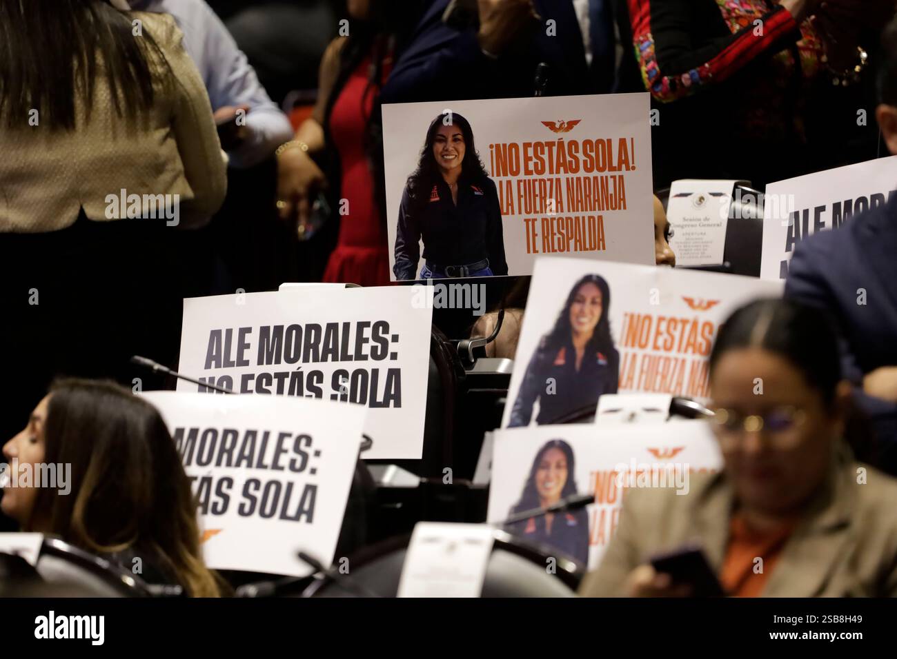Placards of Alejandra Morales are seen during the ordinary legislative ...