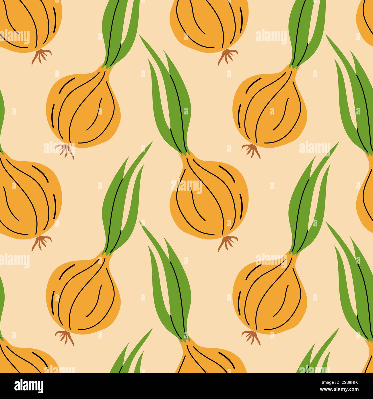 Vibrant pattern of onions with green tops on a light background ...