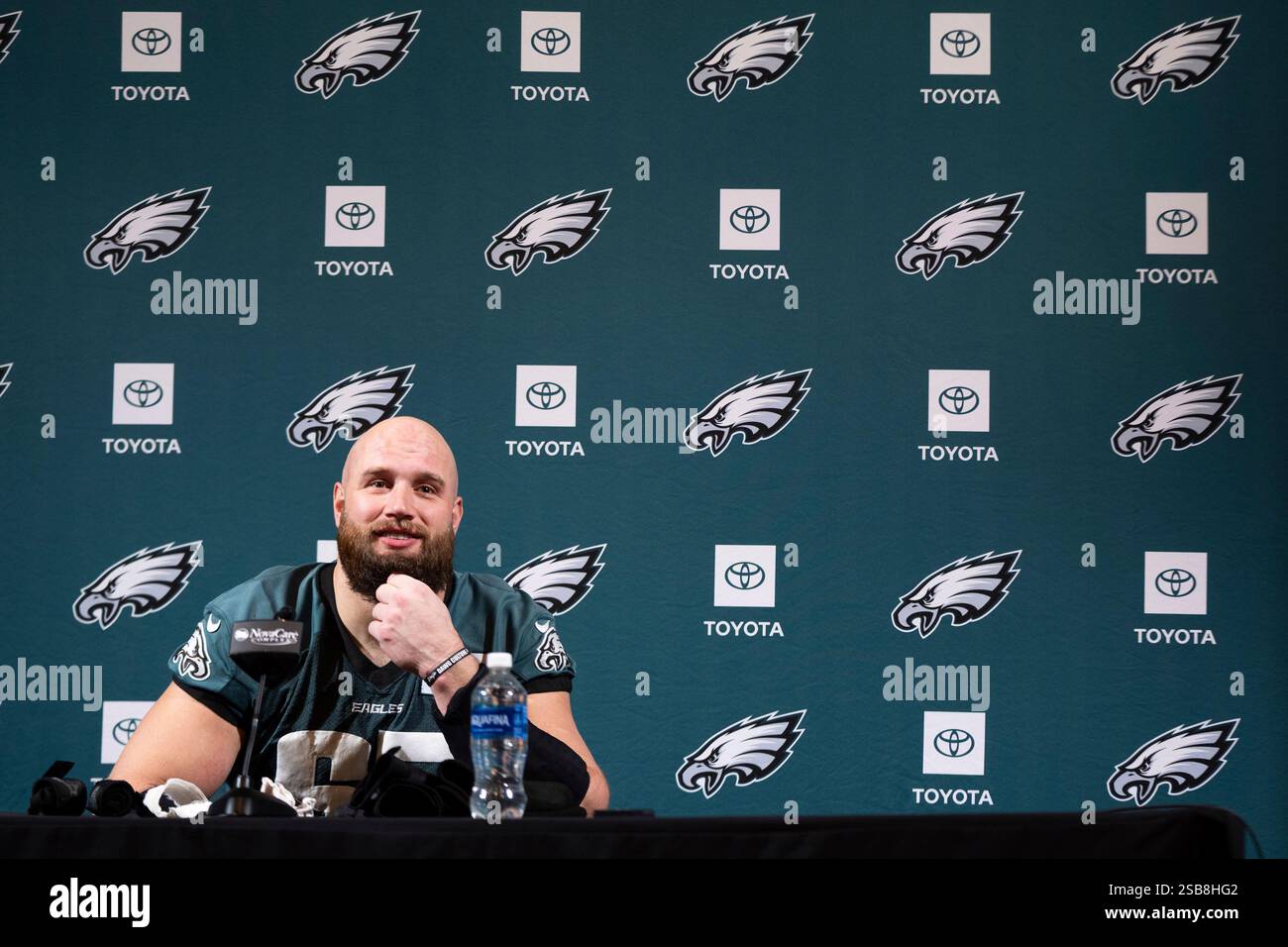 Philadelphia Eagles tackle Lane Johnson speaks with the media during a ...