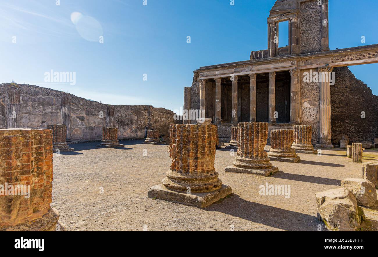 Overview of ruins at the pompei archeological site, visible pillars and ...