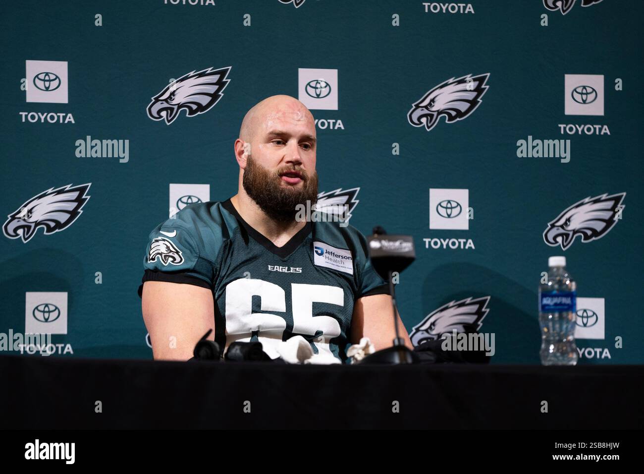 Philadelphia Eagles tackle Lane Johnson speaks with the media during a ...
