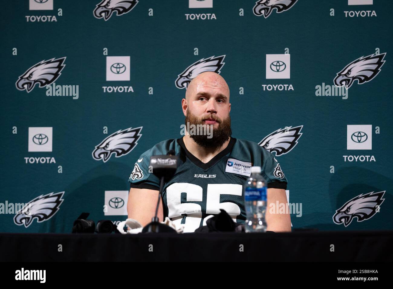 Philadelphia Eagles tackle Lane Johnson speaks with the media during a ...