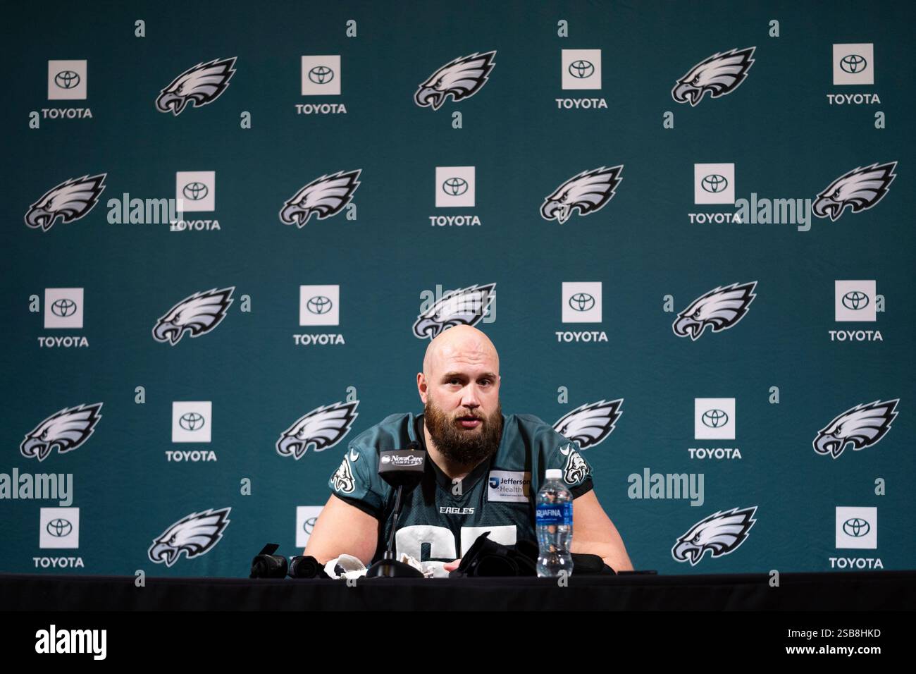 Philadelphia Eagles tackle Lane Johnson speaks with the media during a ...