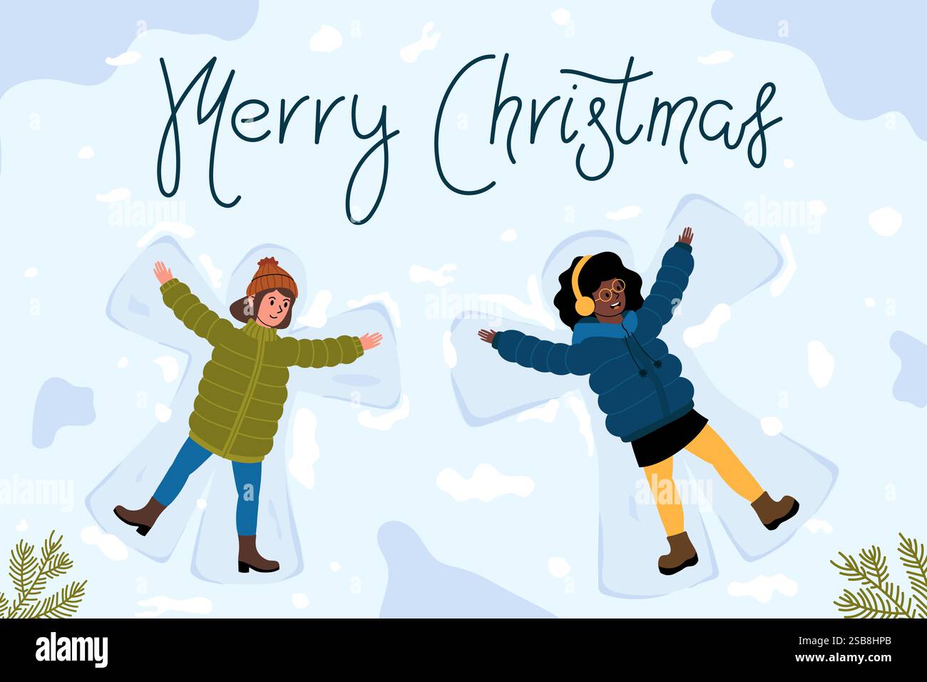 Kids making snow angels and celebrating Christmas in a winter ...