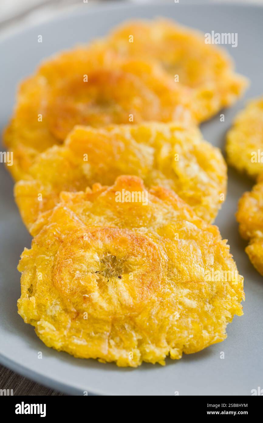 Tostones or patacones, crispy fried plantain slices a typical and ...