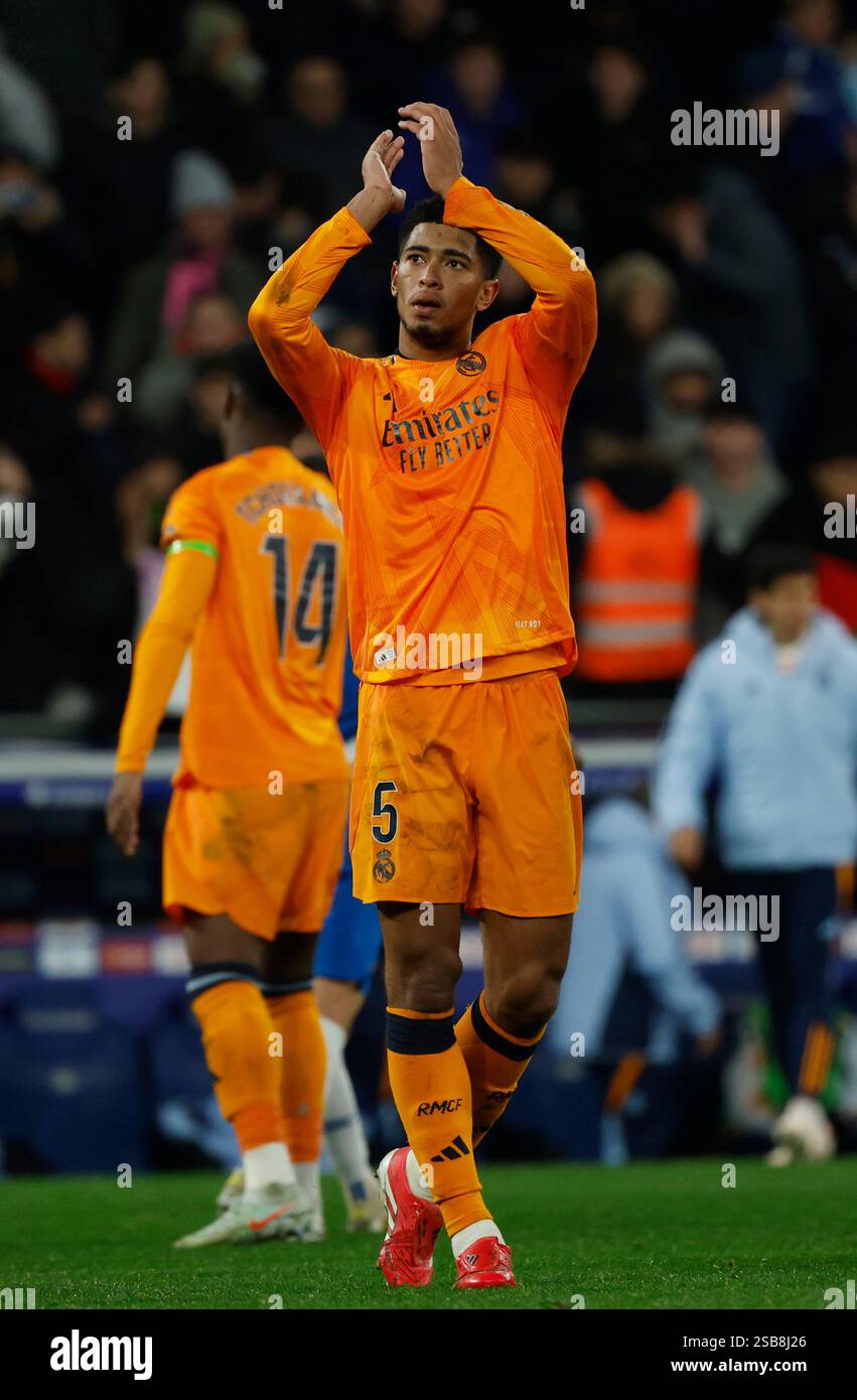 Real Madrid's Jude Bellingham applauds the fans at the end of a Spanish ...