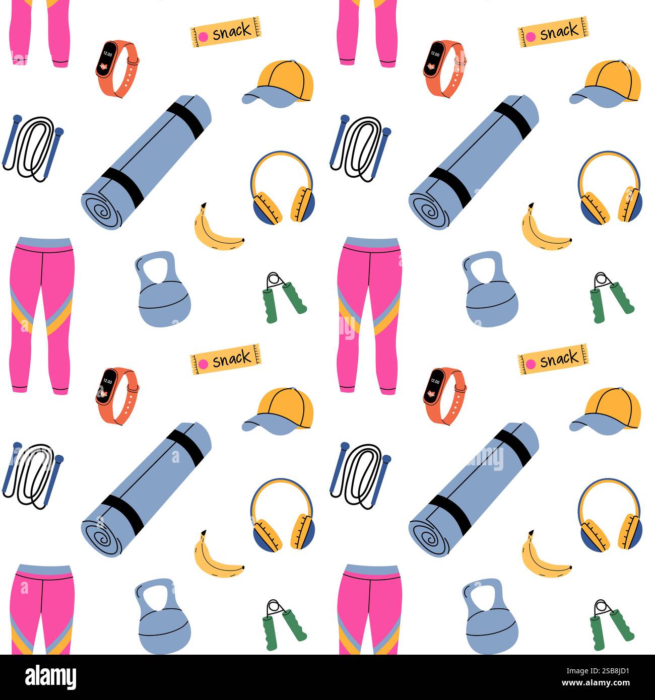 Colorful fitness-themed pattern with workout gear, healthy snacks, and ...