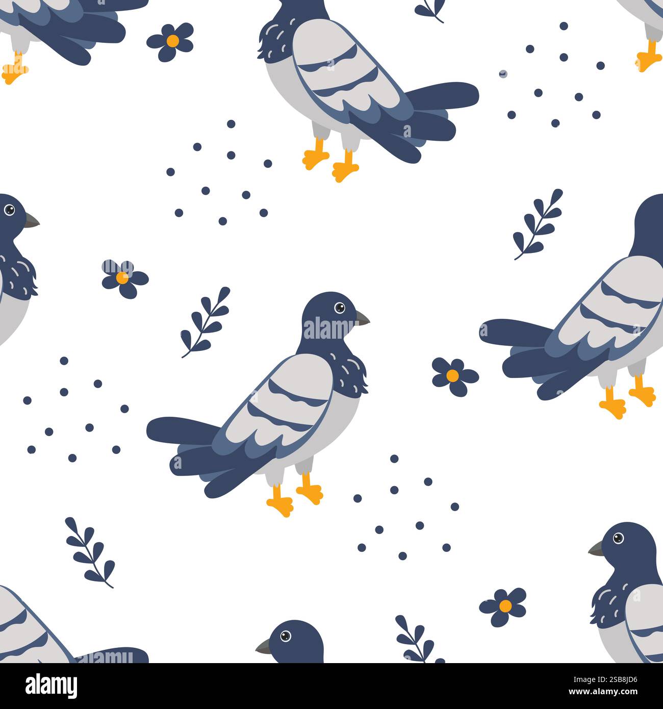 Colorful pattern featuring playful pigeons among flowers and dots on a ...