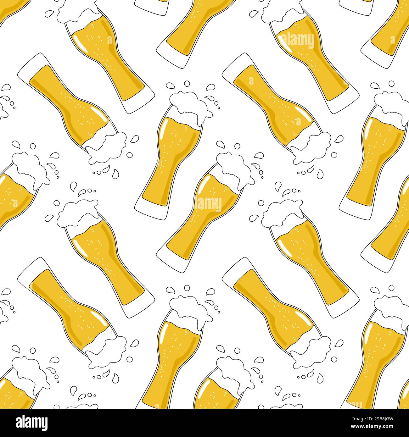 Patterning of draft beer mugs with foam on yellow background ...