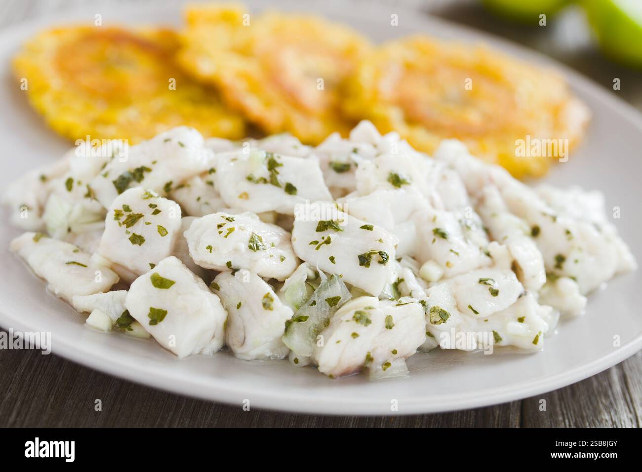 Fresh homemade ceviche made of raw fish pieces, onion, garlic, lime ...