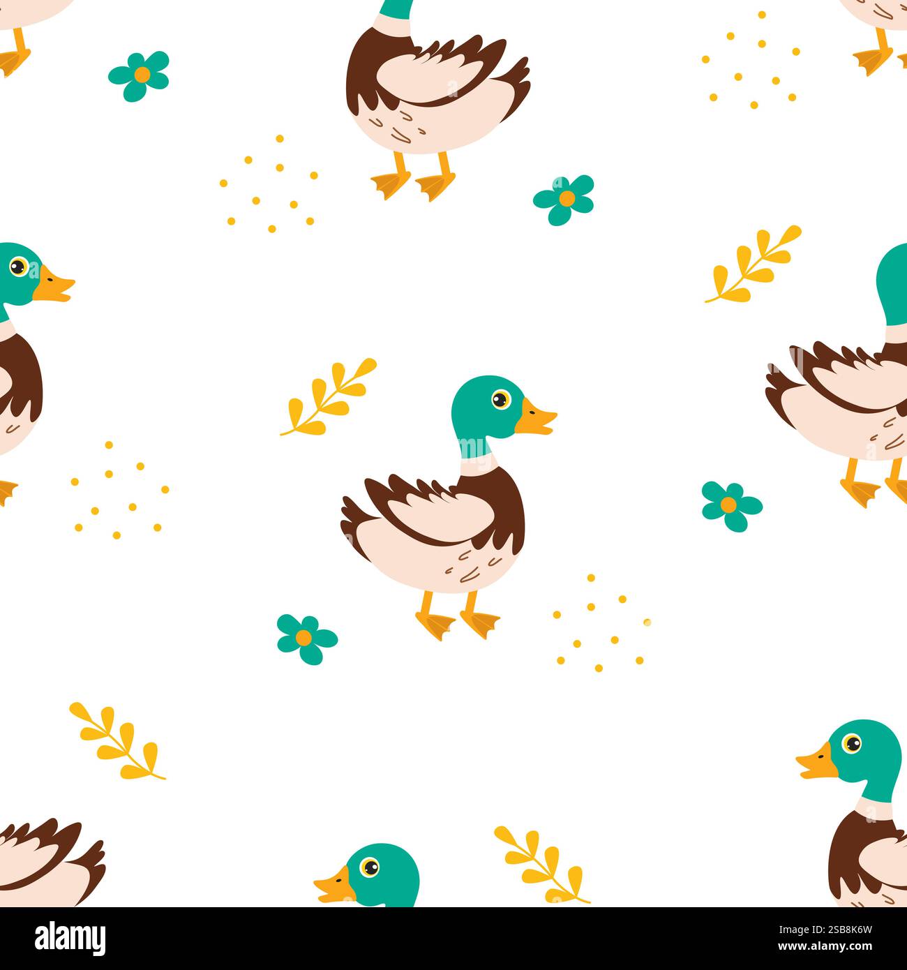 Colorful cartoon ducks and floral elements create playful pattern on a ...