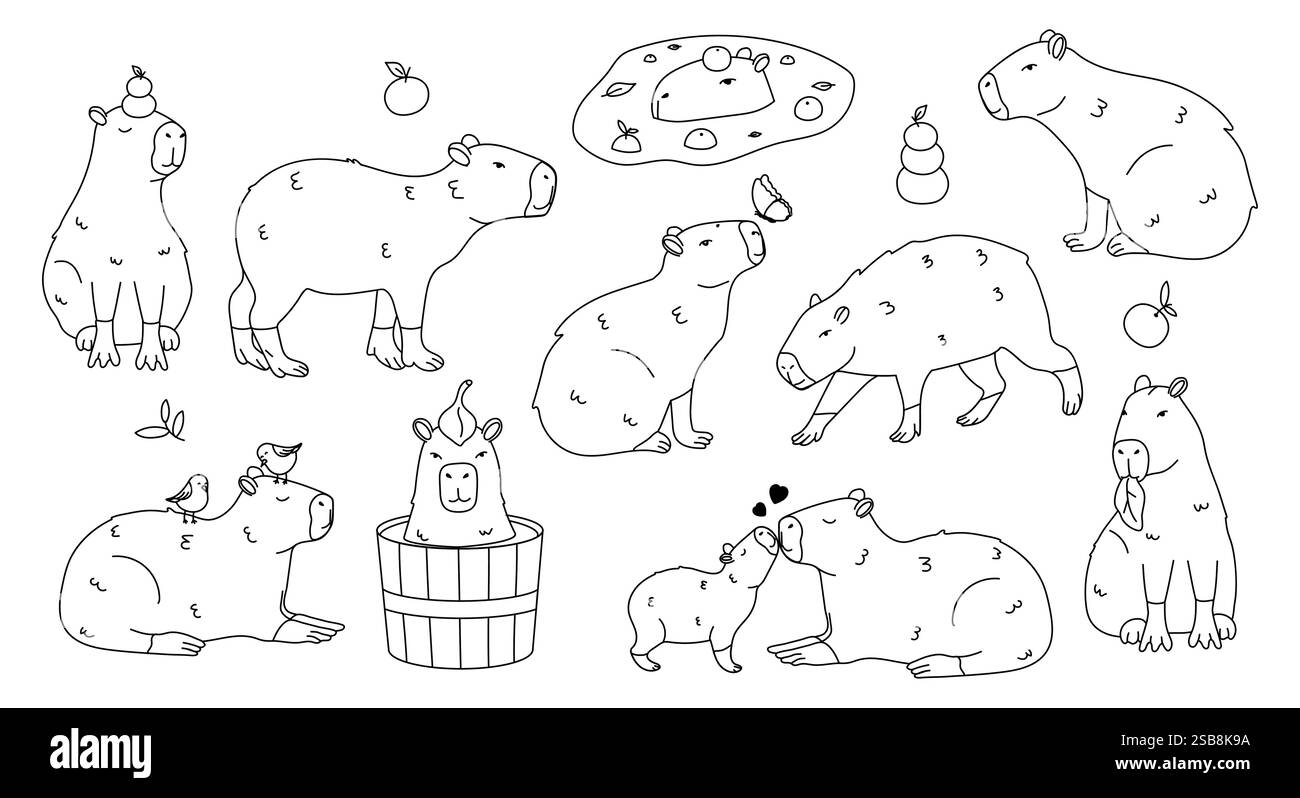 Cute cartoon kawaii capybara. Animal funny characters. Hand drawn style ...