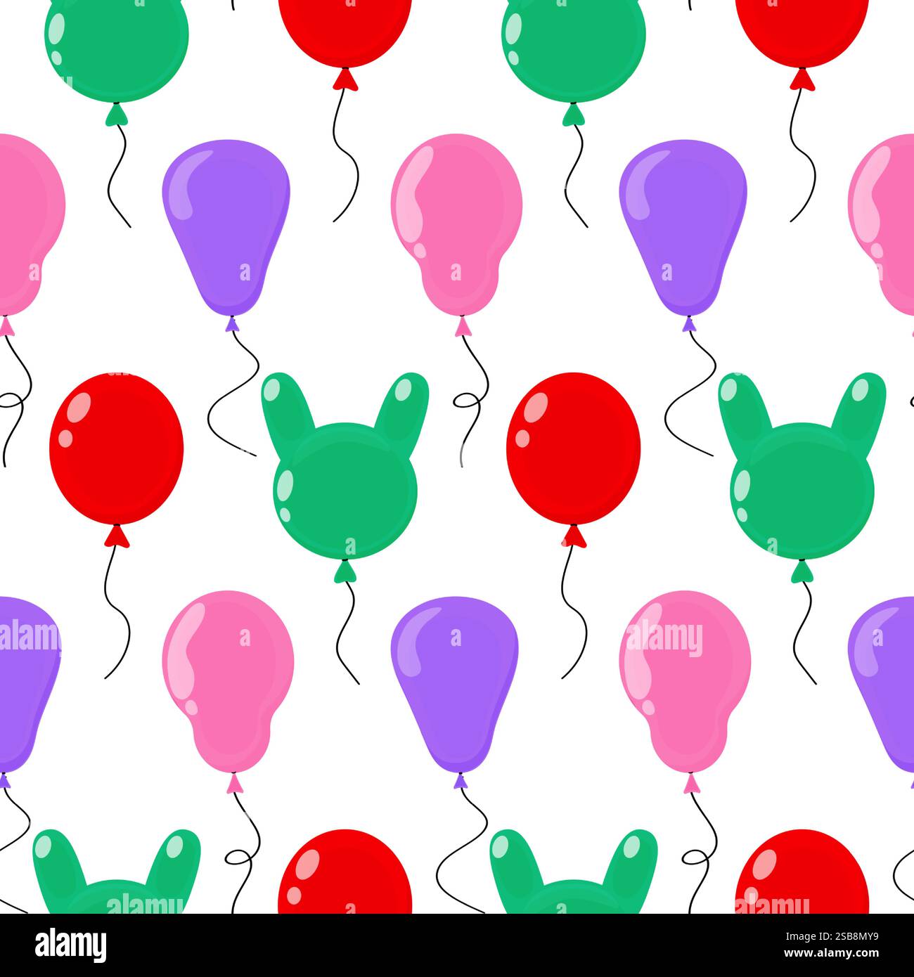 Colorful balloons in various shapes create a playful pattern on a white ...