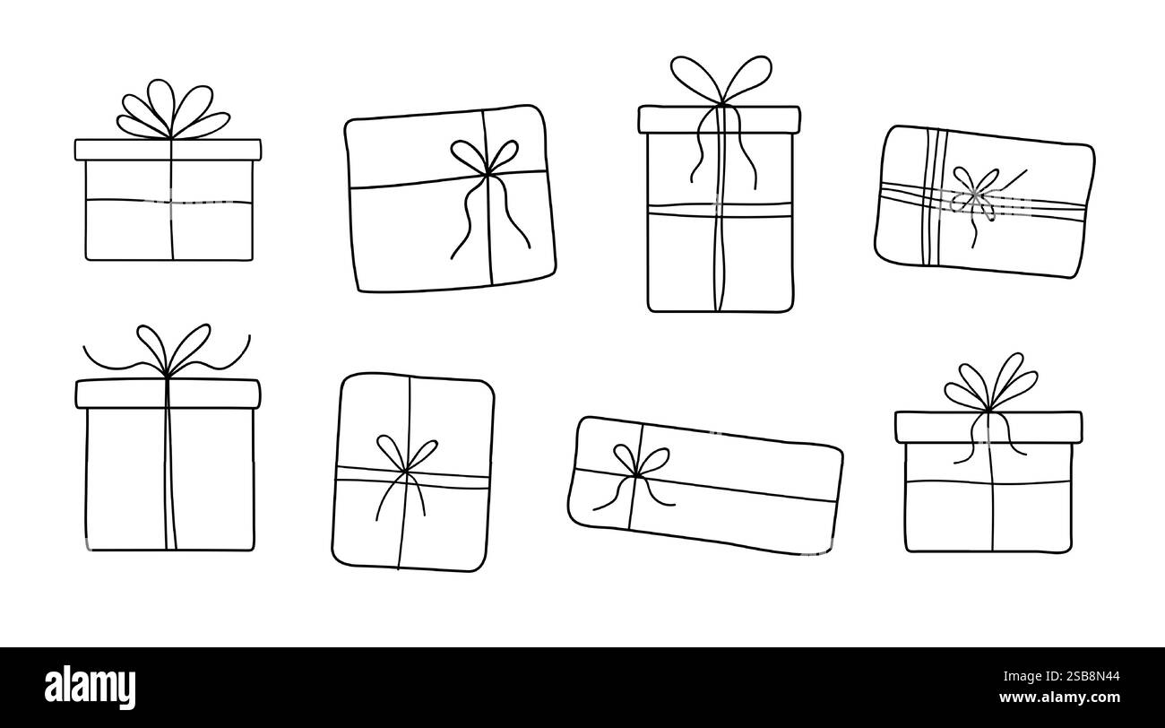 Simple line art depicting various gift boxes with bows arranged in a ...