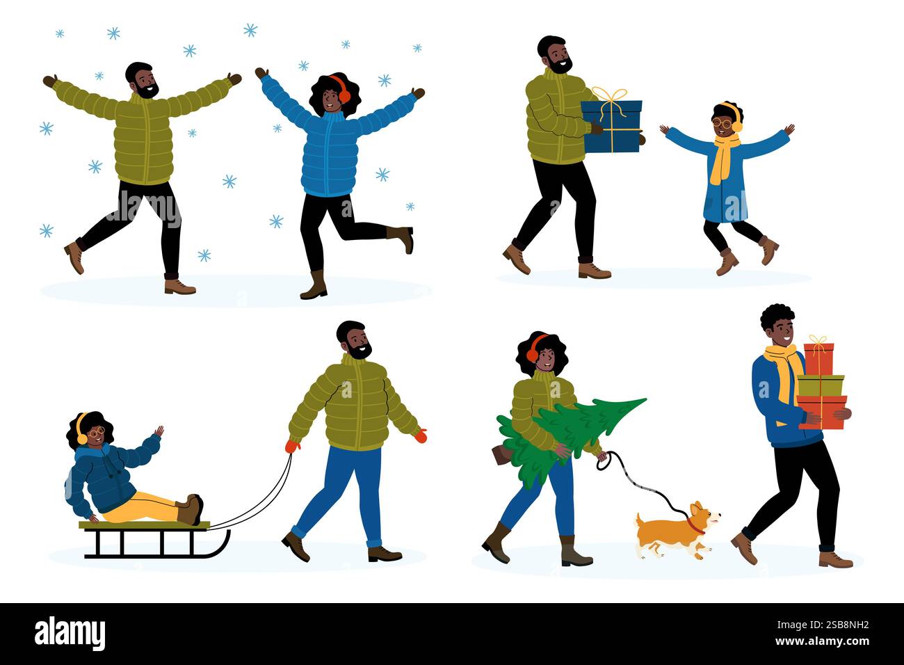 Family enjoying winter activities together with gifts and festive cheer ...