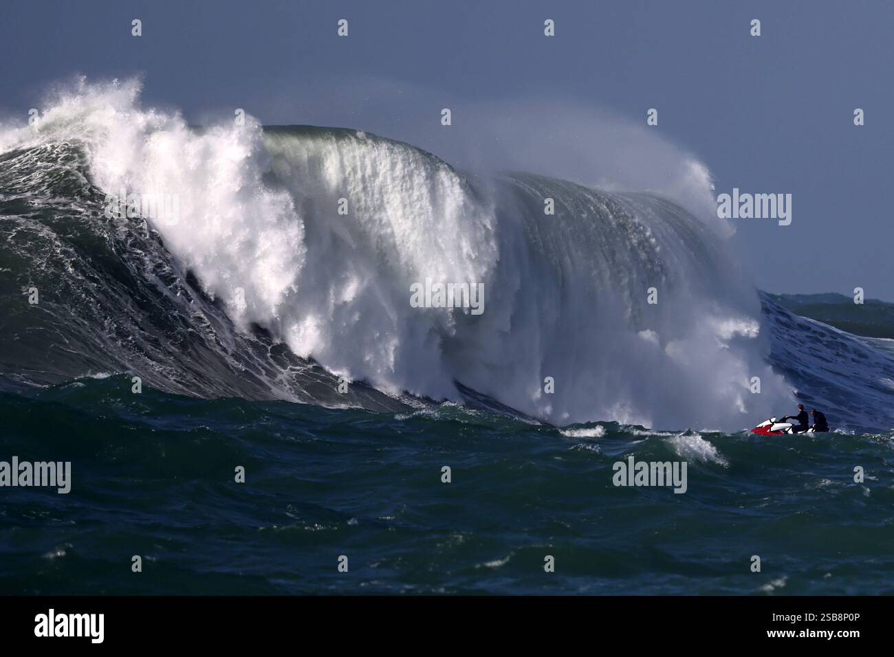NAZARE, PORTUGAL - JANUARY 27: Big wave surfers on their jet skis in ...
