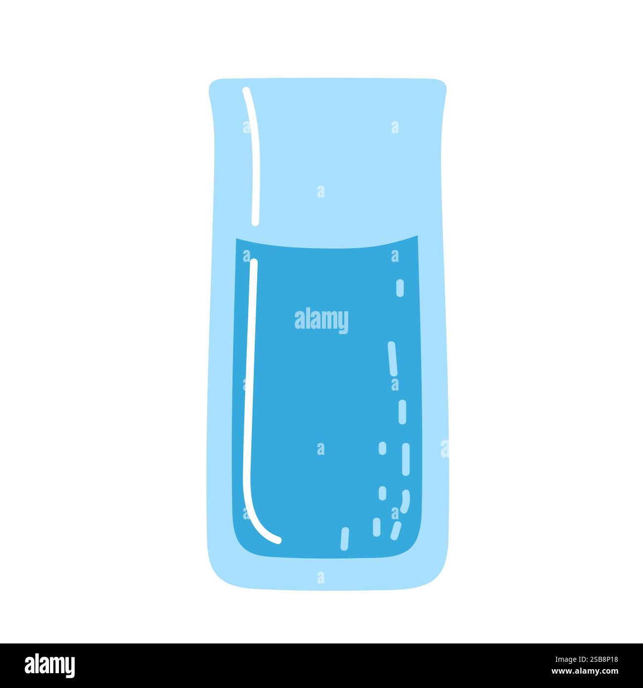 A clear glass with bright blue liquid on a white background shows ...