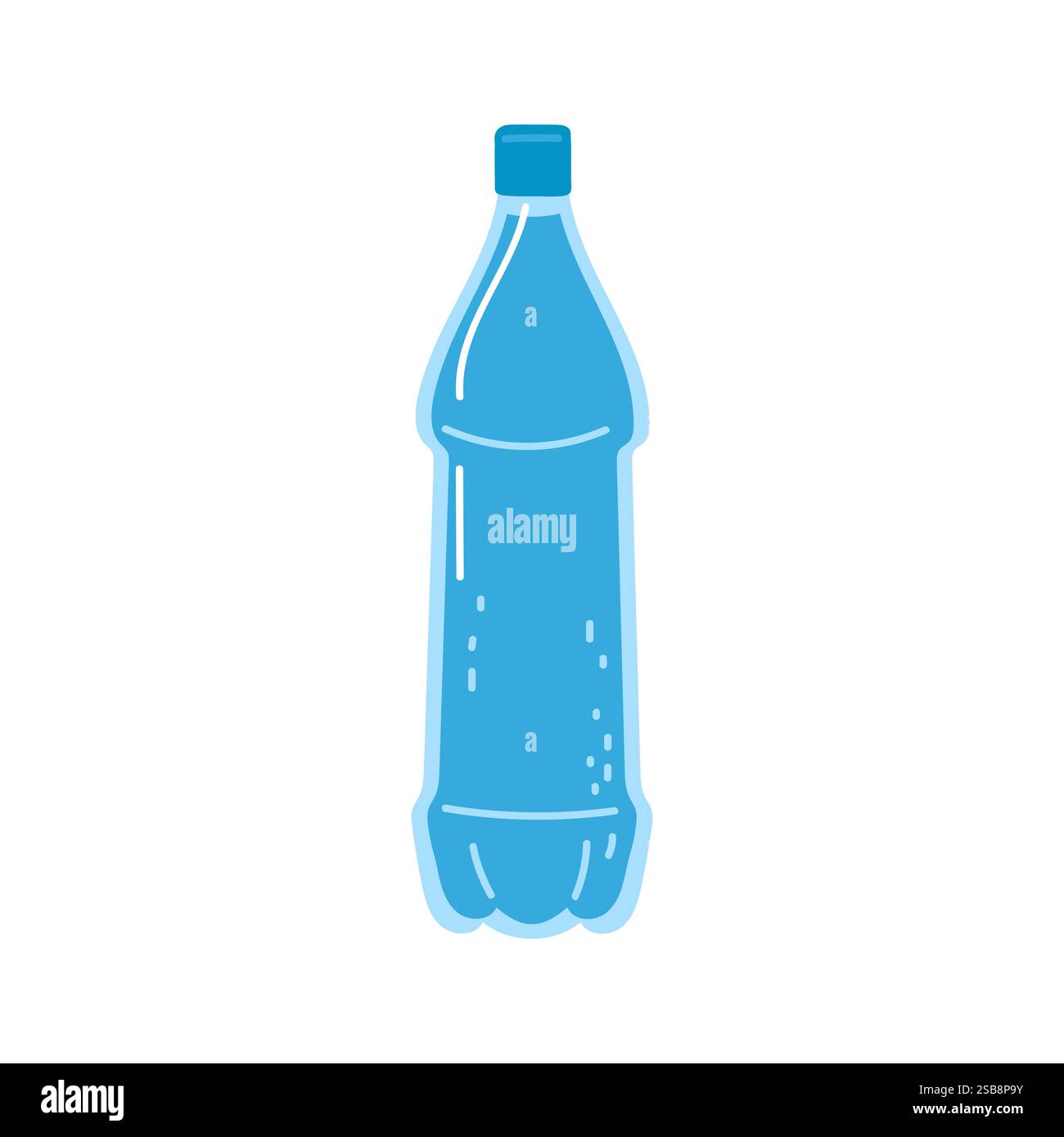 A blue plastic water bottle stands upright against a plain white ...