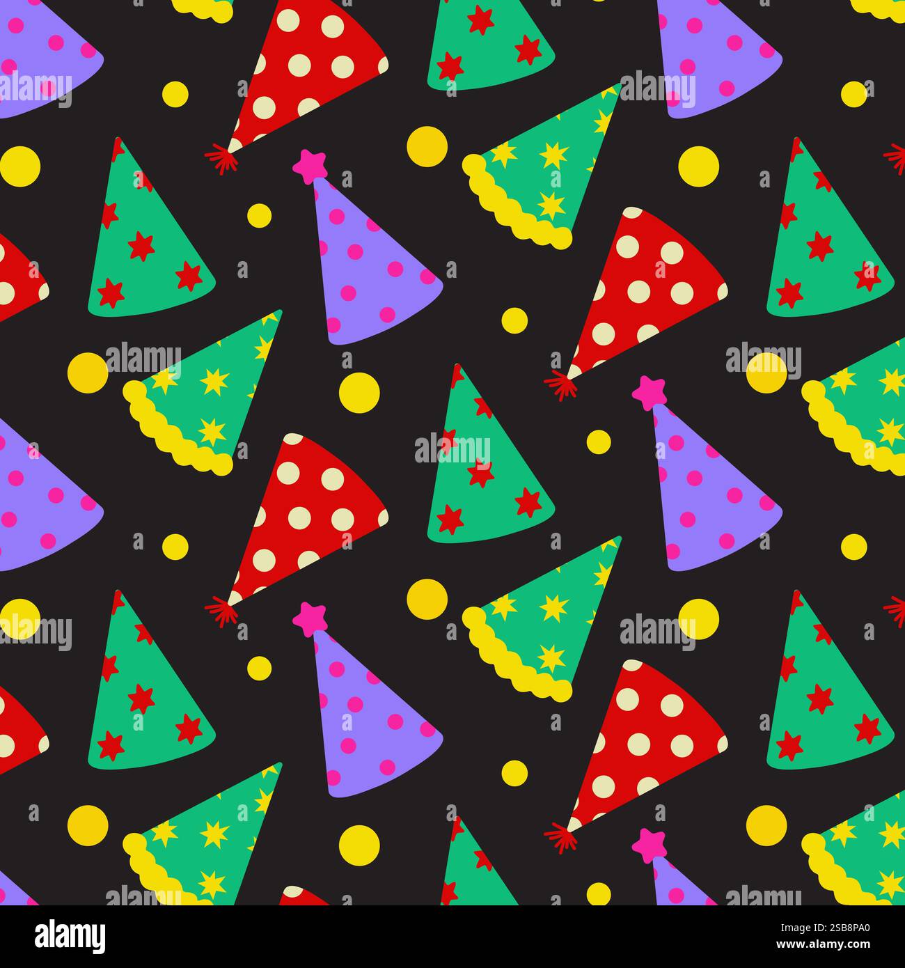 Colorful celebration hats create a cheerful pattern on a dark ...