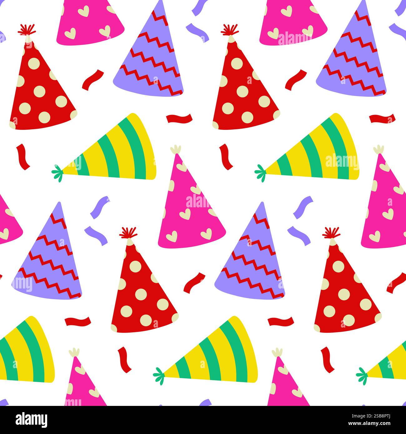 Colorful party hats scattered on a white background for festive ...