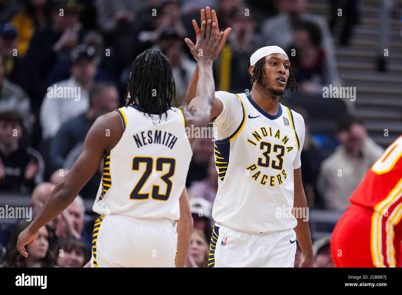 Indiana Pacers center Myles Turner (33) celebrates a basket and being ...