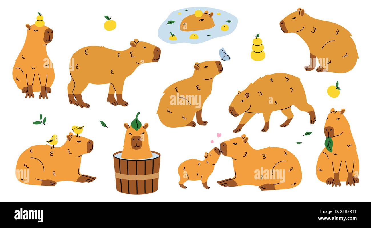 Cute capybaras single animal and family funny cartoon characters Stock Vector Image & Art - Alamy