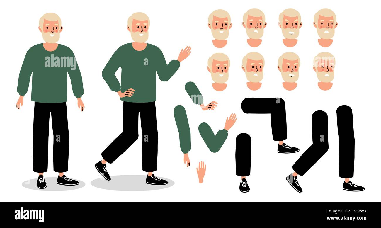 A variety of illustrated characters showcasing an elderly man in ...