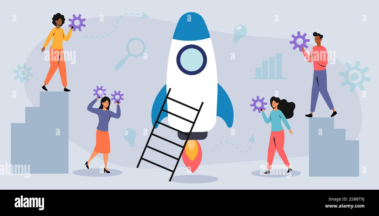 Team members collaborating to launch a rocket in a creative workspace ...