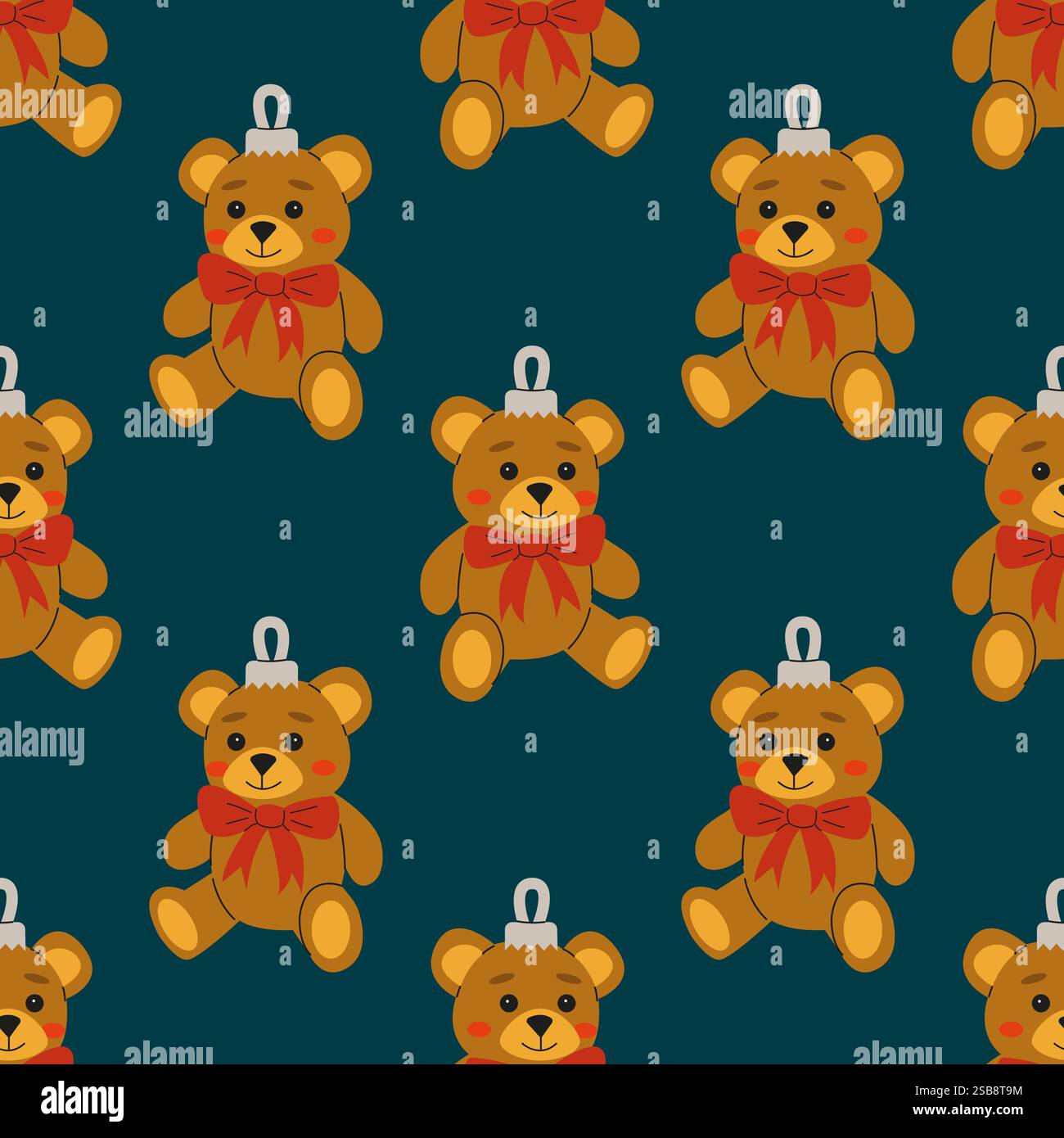 Cute brown teddy bears with red bows arranged in a playful pattern on a ...