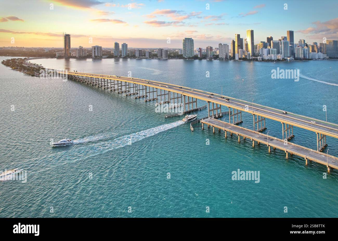 Aerial view of the Miami skyline at sunset from Biscayne Bay. Miami ...