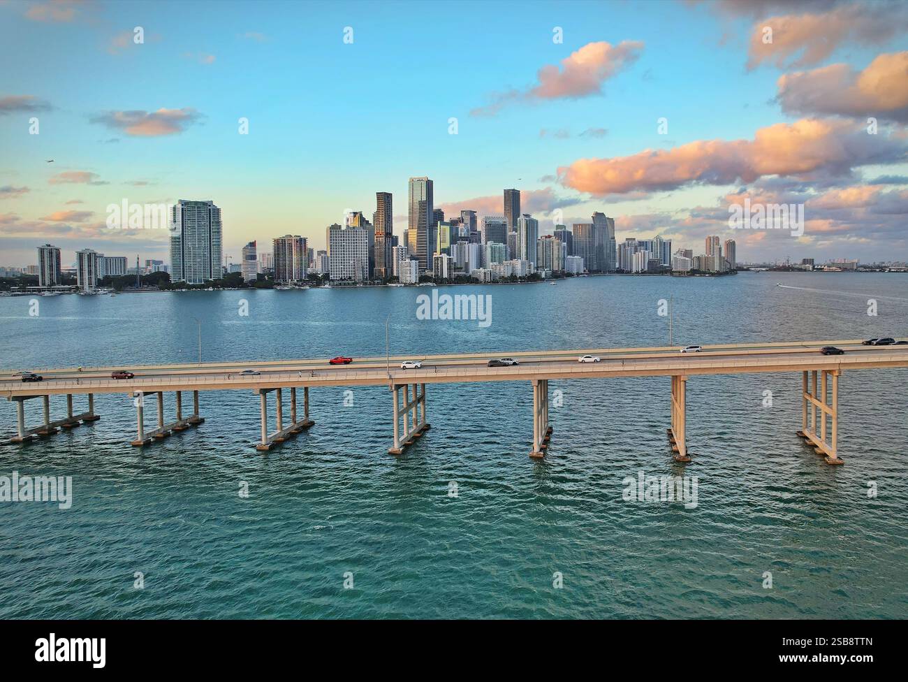 Aerial view of the Miami skyline at sunset from Biscayne Bay. Miami ...