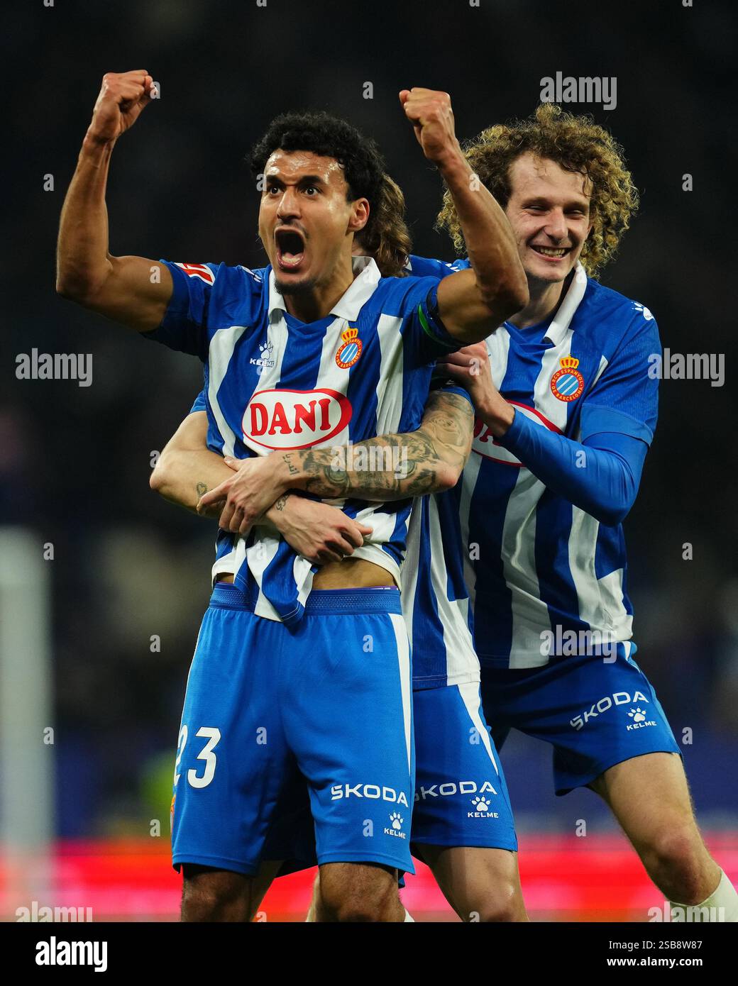 Carlos Romero, Alex Kral and Omar El Hilali of RCD Espanyol celebrating ...