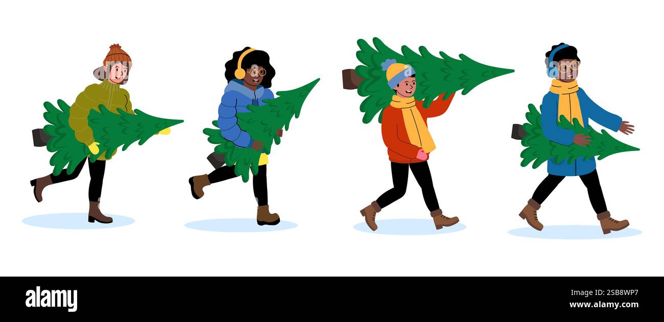People carrying Christmas trees during winter in a festive outdoor ...