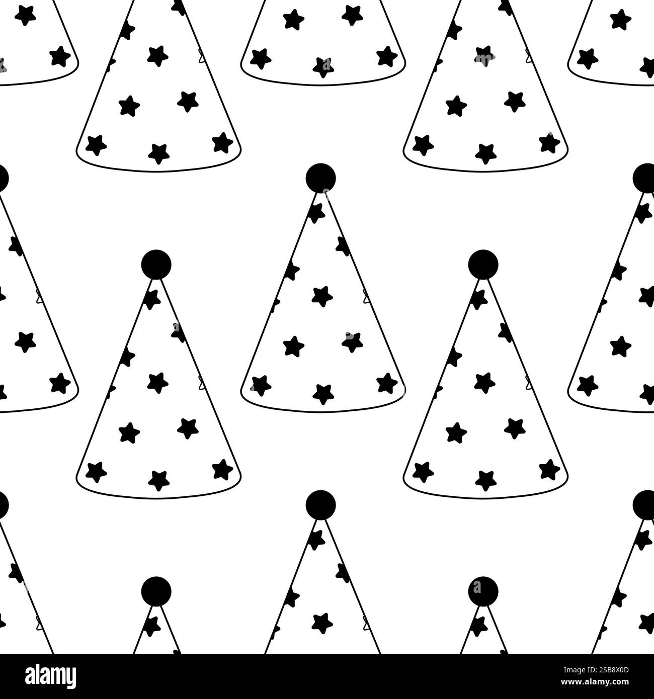 Pattern of black and white party hats with stars across a white ...