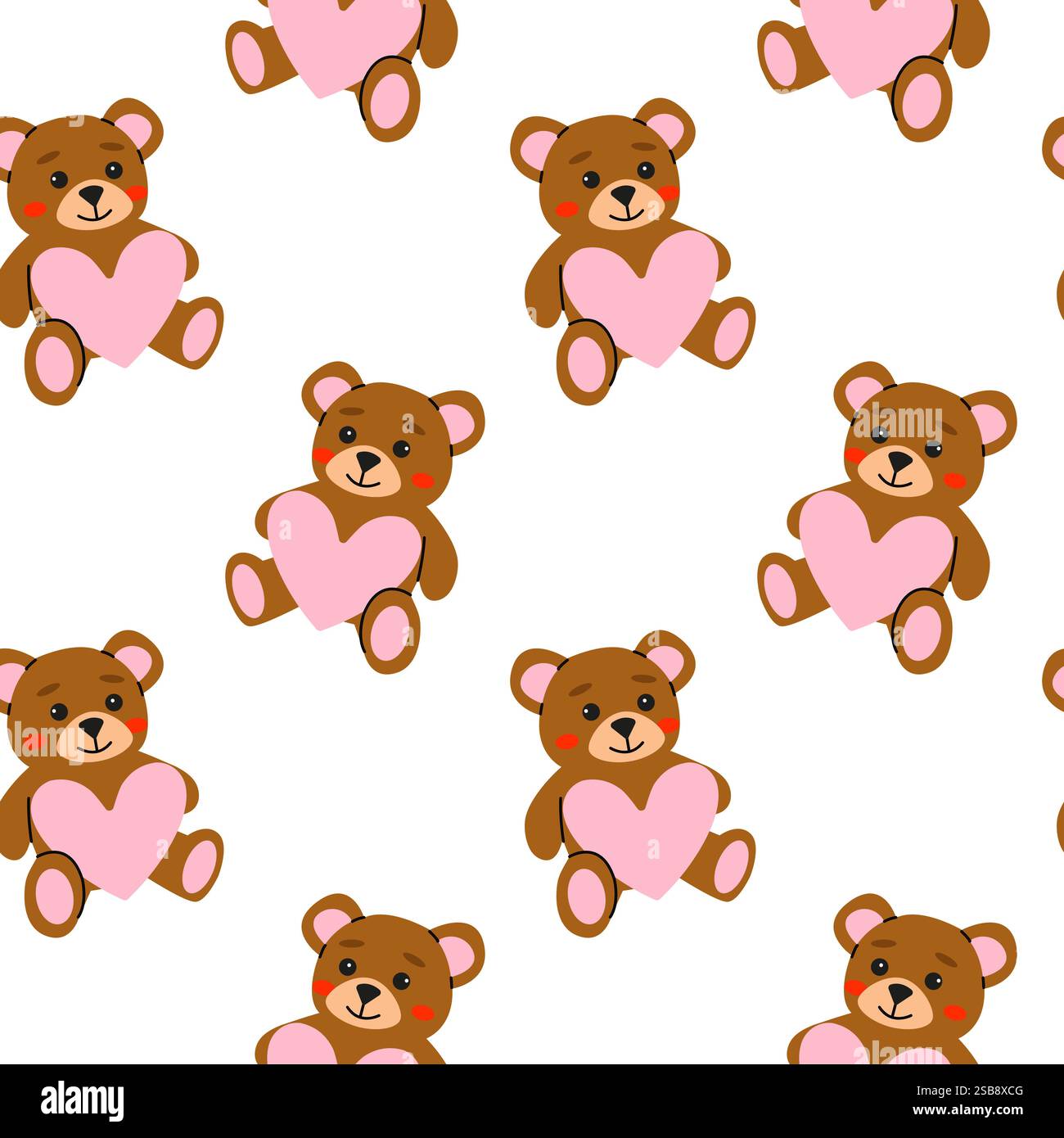 Cute brown teddy bears holding pink hearts create a playful repeating ...