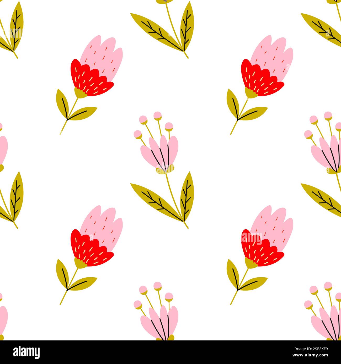 Colorful floral pattern with red and pink flowers on white background ...