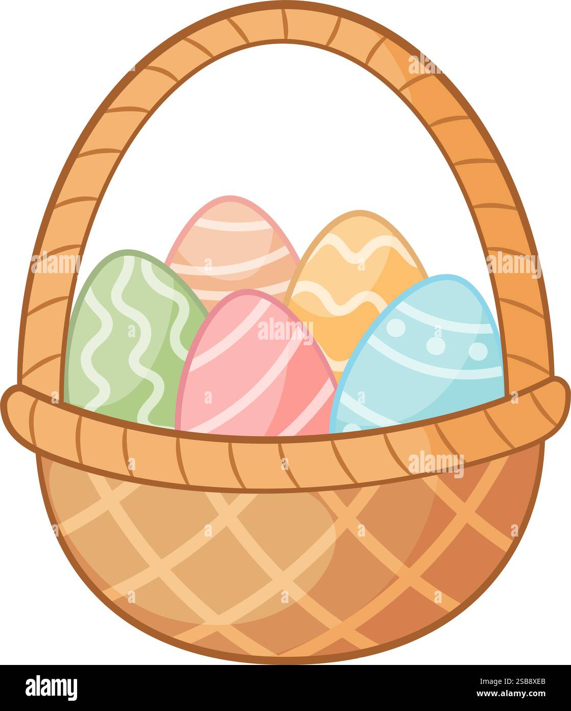 Cartoon Basket with easter eggs doodle style. Happy easter Hand drawn cartoon trendy flat style ...