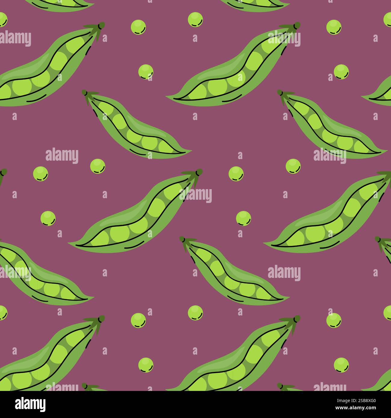 Colorful pattern of green pea pods and peas on a maroon background ...
