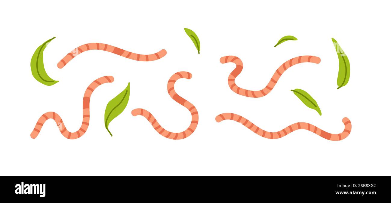 Colorful worms and green leaves scattered across a white background ...