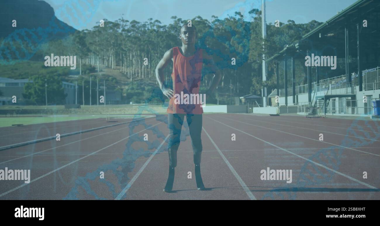 DNA strand and data processing image over athlete standing on running ...