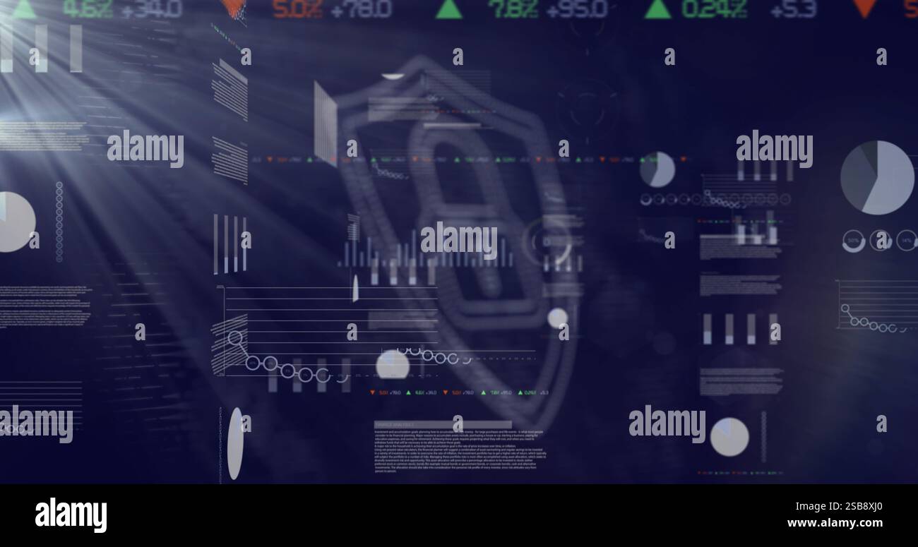 Lock and shield icon image over data charts and graphs on dark ...