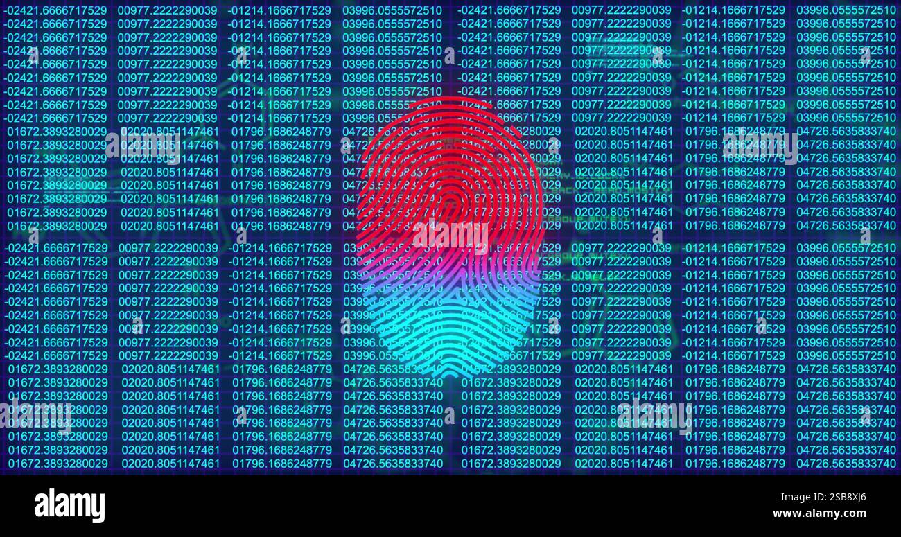 Fingerprint scanning image over digital binary code background. Biometrics, technology, security ...