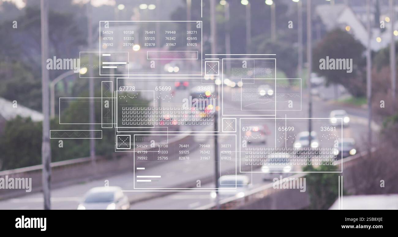Traffic data processing image over busy highway with moving vehicles ...