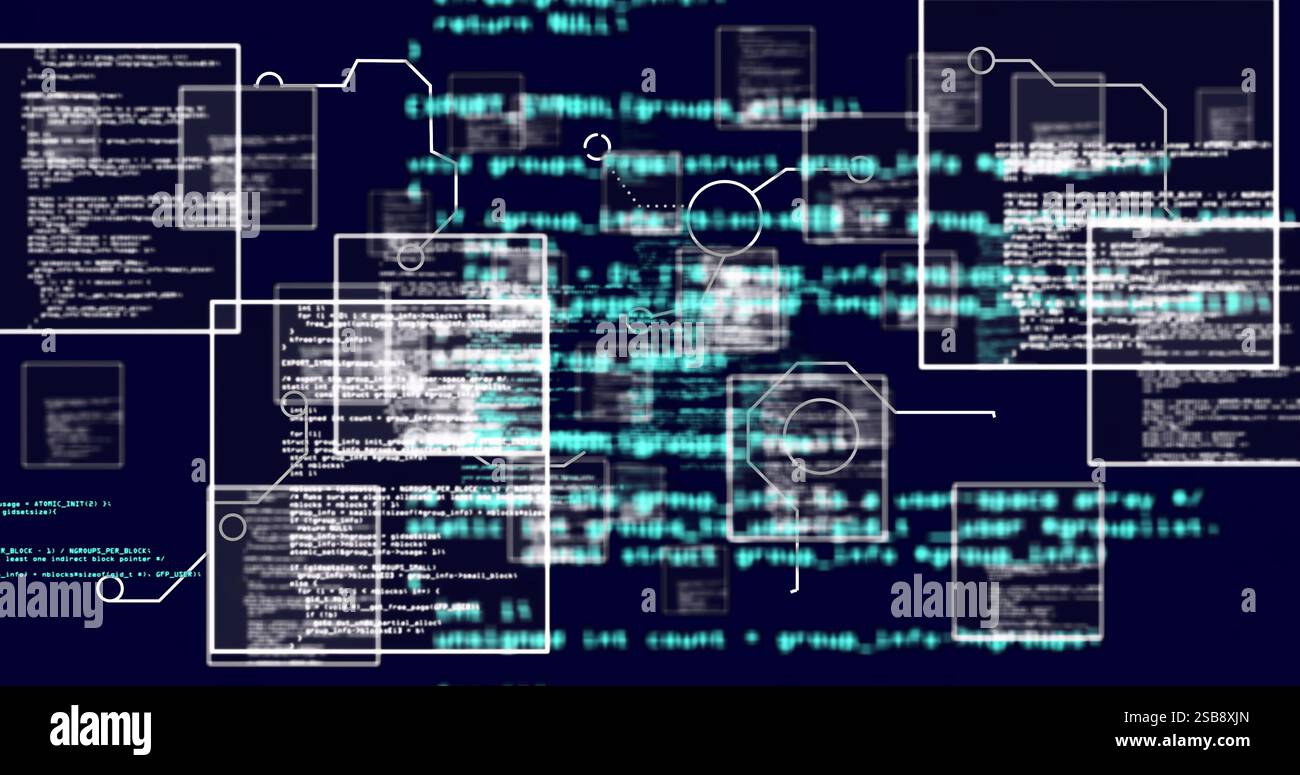 Programming code and data flow image over dark background with ...