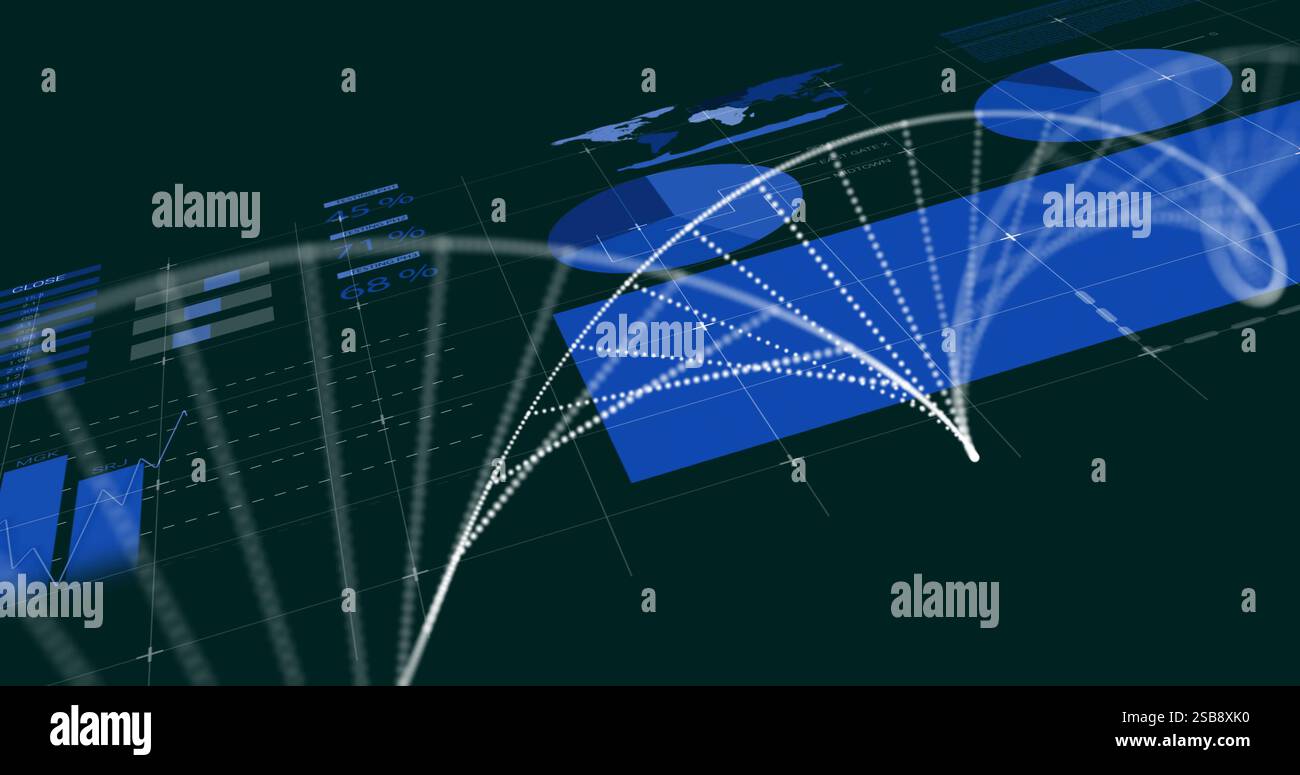 DNA strand and data visualization image over world map and charts ...