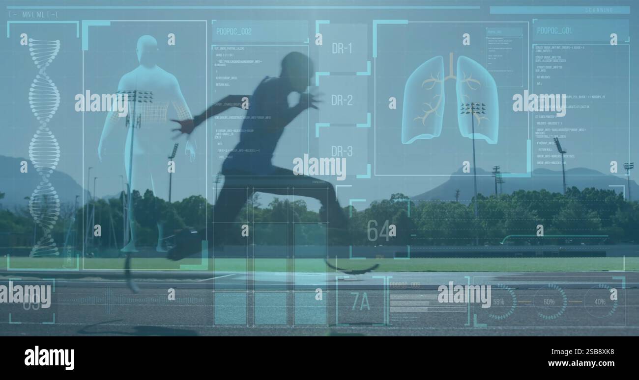 Medical data and human body analysis image over outdoor sports field ...