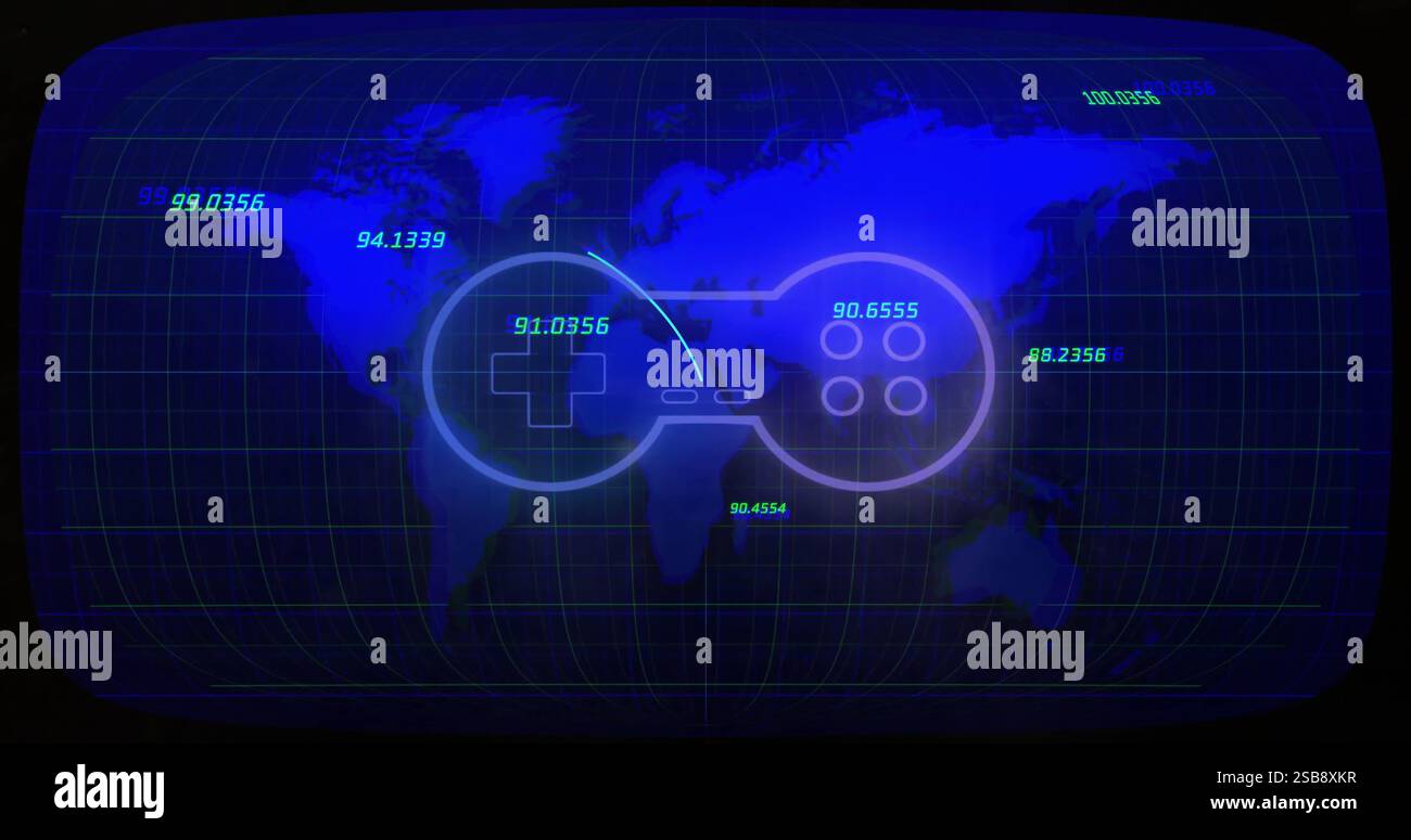Game controller and coordinates image over world map with blue grid ...