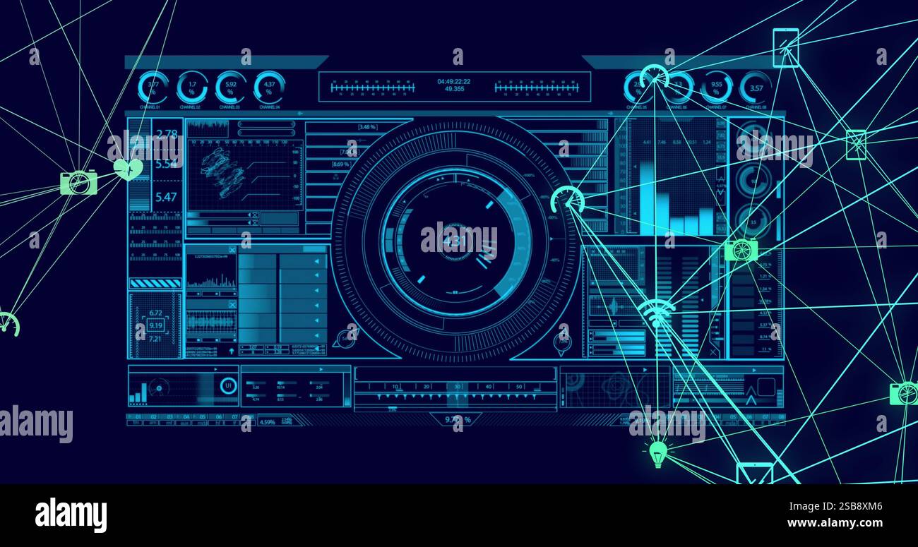 Futuristic user interface with data processing and network connections ...